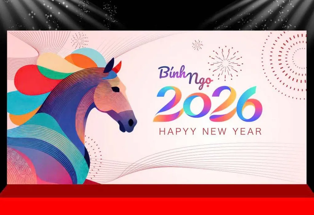 Backdrop Tết Bính Ngọ 2026 - Thiết Kế Hiện Đại & Đầy Màu Sắc